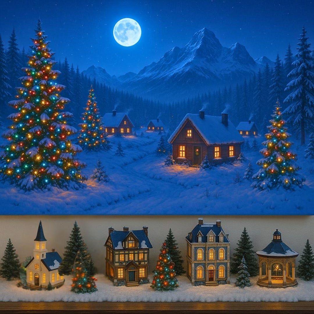 Rustic Cabin Christmas Village Backdrop: Snowy Cabin and Mountain Scene ...