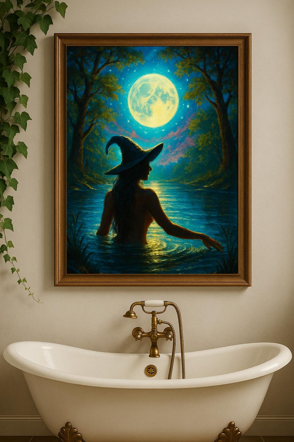 Witch Bathing Under Full Moon Art Print, Mystical Moonlight Forest ...