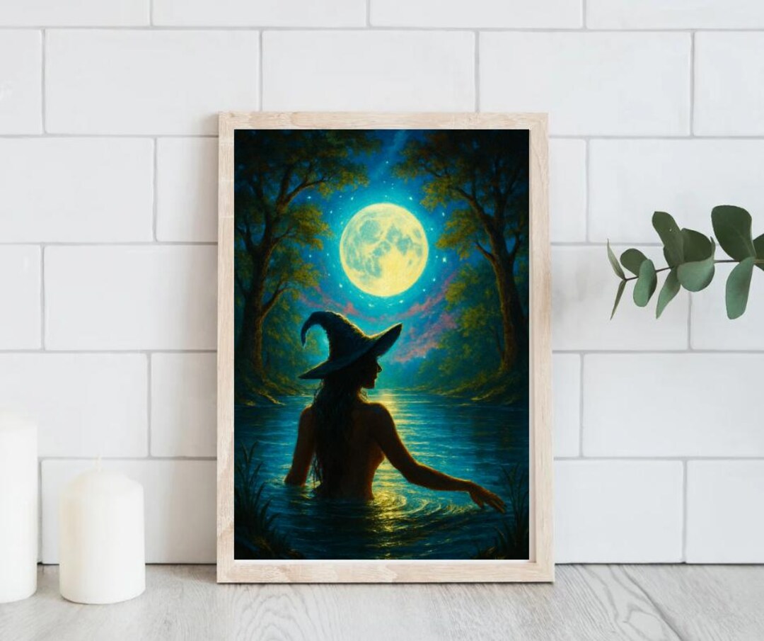 Moonlit Witch Bathing Under Full Moon Wall Art: Witch in Mystical ...