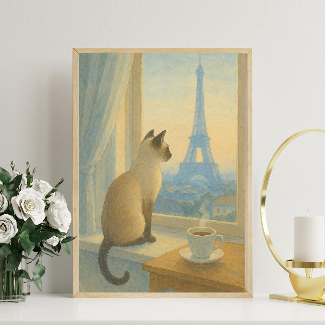 Parisian Cat Art Print, Digital Download, Cozy Cat in Paris With Eiffel ...