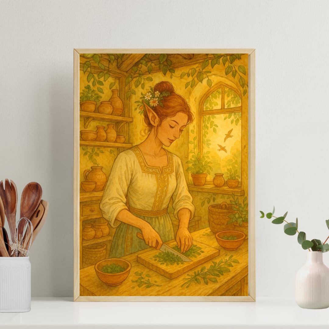 Elf Woman Cooking in Kitchen: Fantasy Herbalist Kitchen Wall Art ...