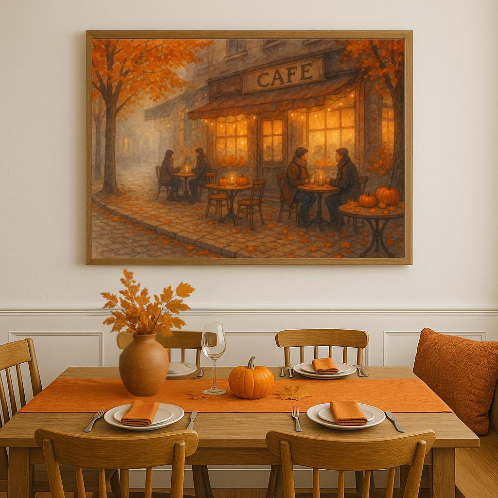 Cozy Autumn Cafe Wall Art: Small Restaurant Surrounded by Autumn Leaves ...