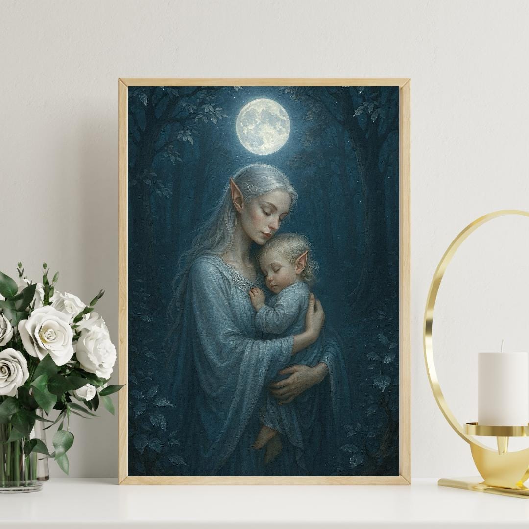 Elven Mother and Child Wall Art: Fantasy Moonlit Forest Decor (digital ...