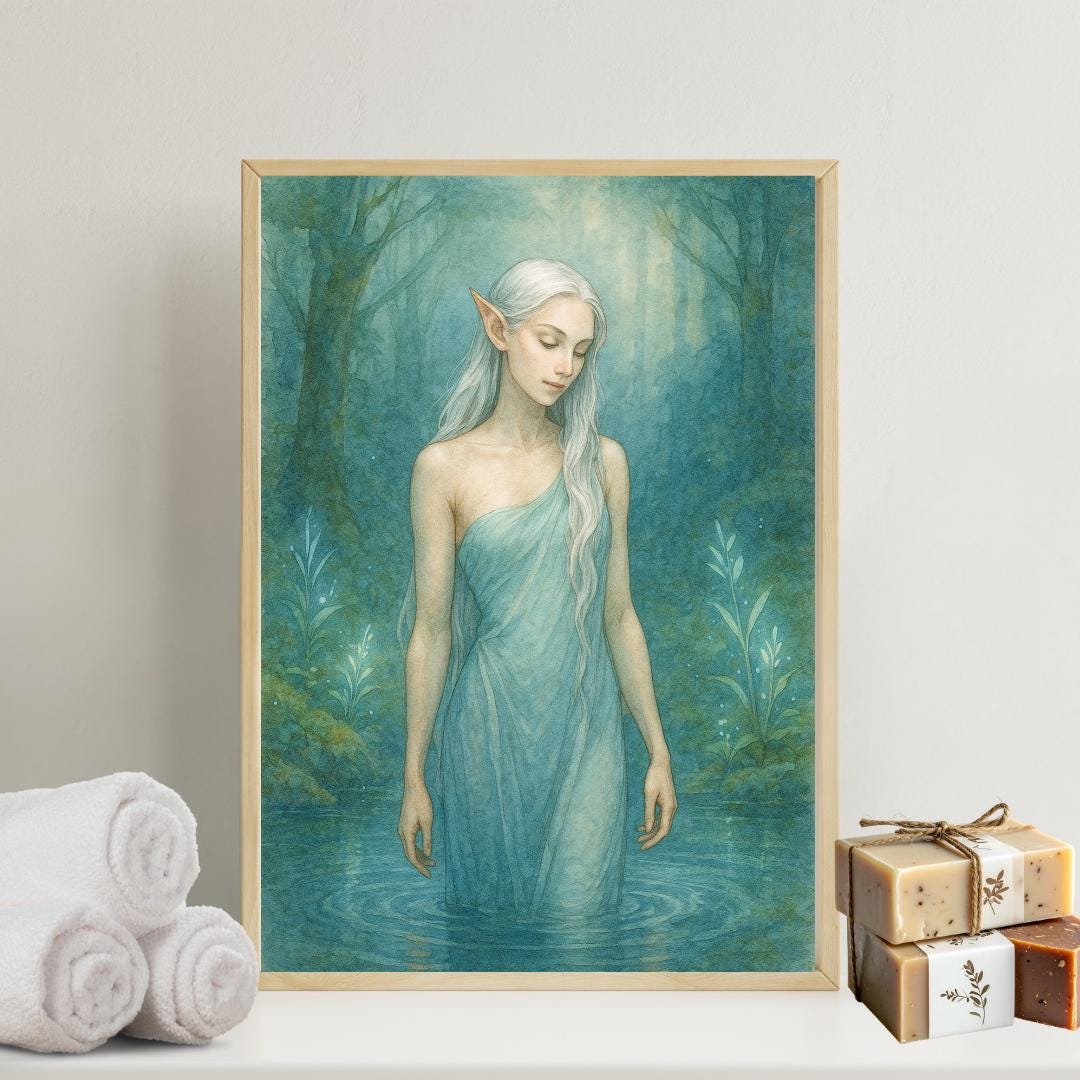 Ethereal Elf Woman Bathing in Forest Pond: Fantasy Bathroom Wall Art ...