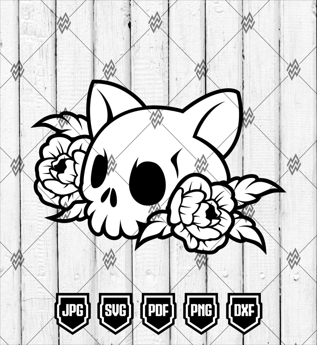 Cute Cat Skull With Flowers SVG | Chibi Cat Skull Vector | Gothic ...