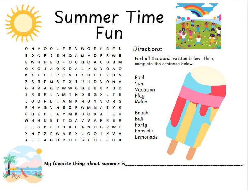 Summer Time Word Search - Etsy