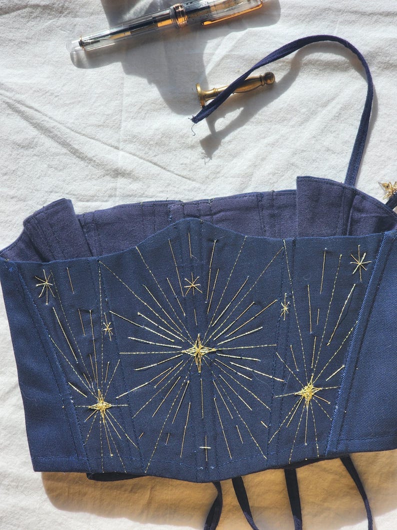 Handmade Underbust Corset With Golden Starburst Embroidery – Custom ...