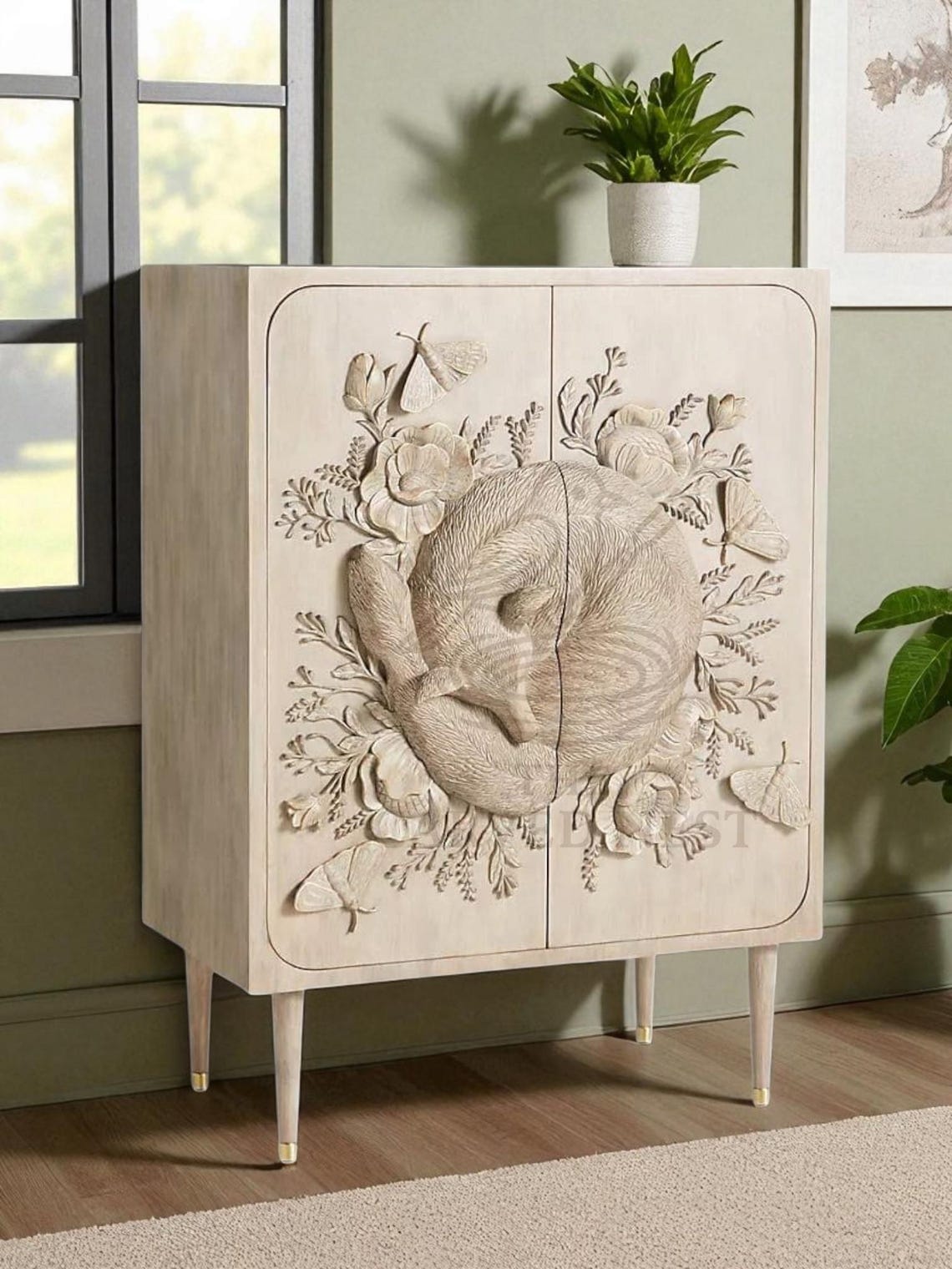 Handcrafted Wood Cabinet With Sleeping Fox and Floral Carving – Nature ...