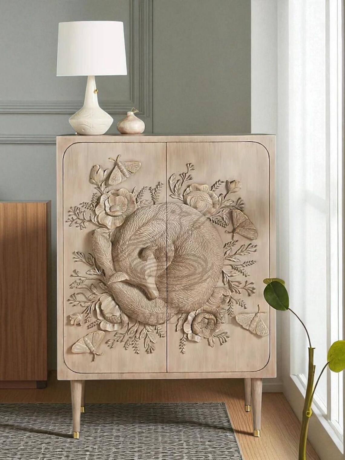 Handcrafted Wood Cabinet With Sleeping Fox and Floral Carving – Nature ...