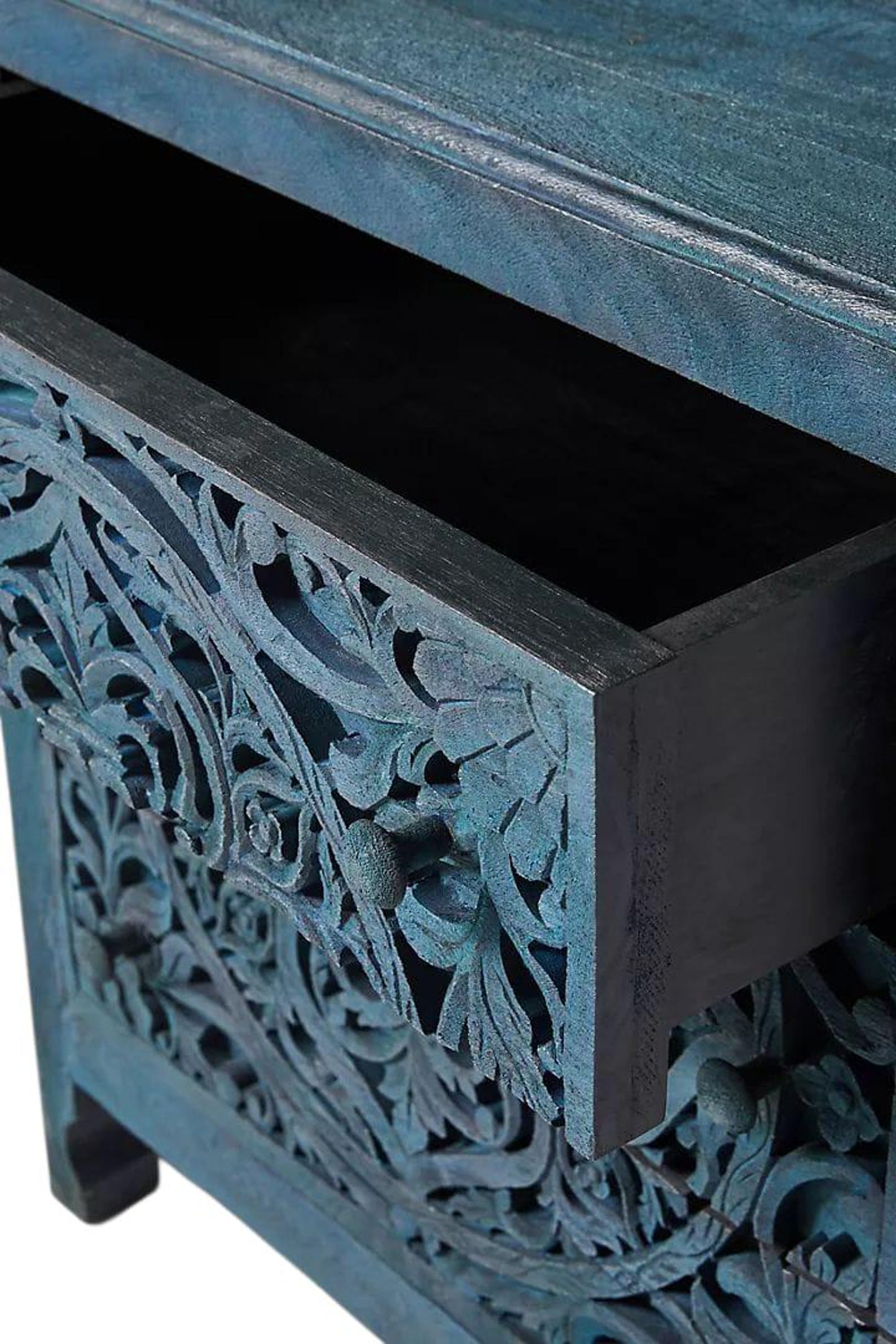Hand-carved Wood Nightstand – Indigo Floral Bedside Table – 3 Drawer ...