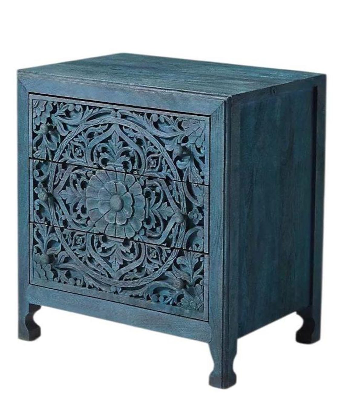 Hand-carved Wood Nightstand – Indigo Floral Bedside Table – 3 Drawer ...