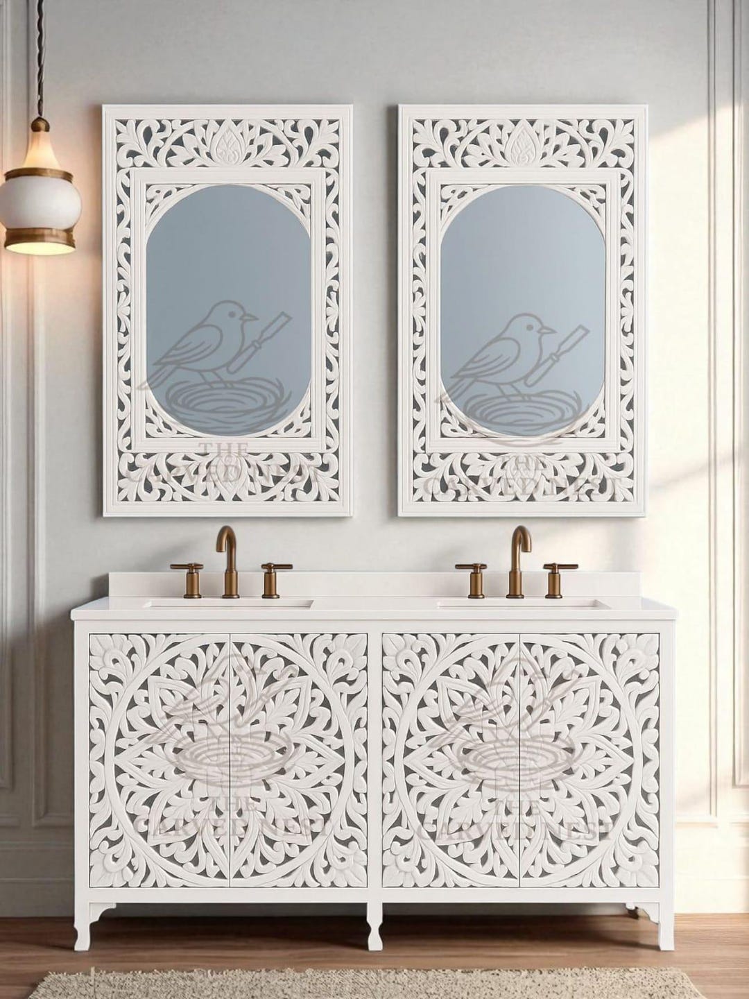 Handcarved Double Sink Vanity With Mirror Frames | Whitewashed Floral ...