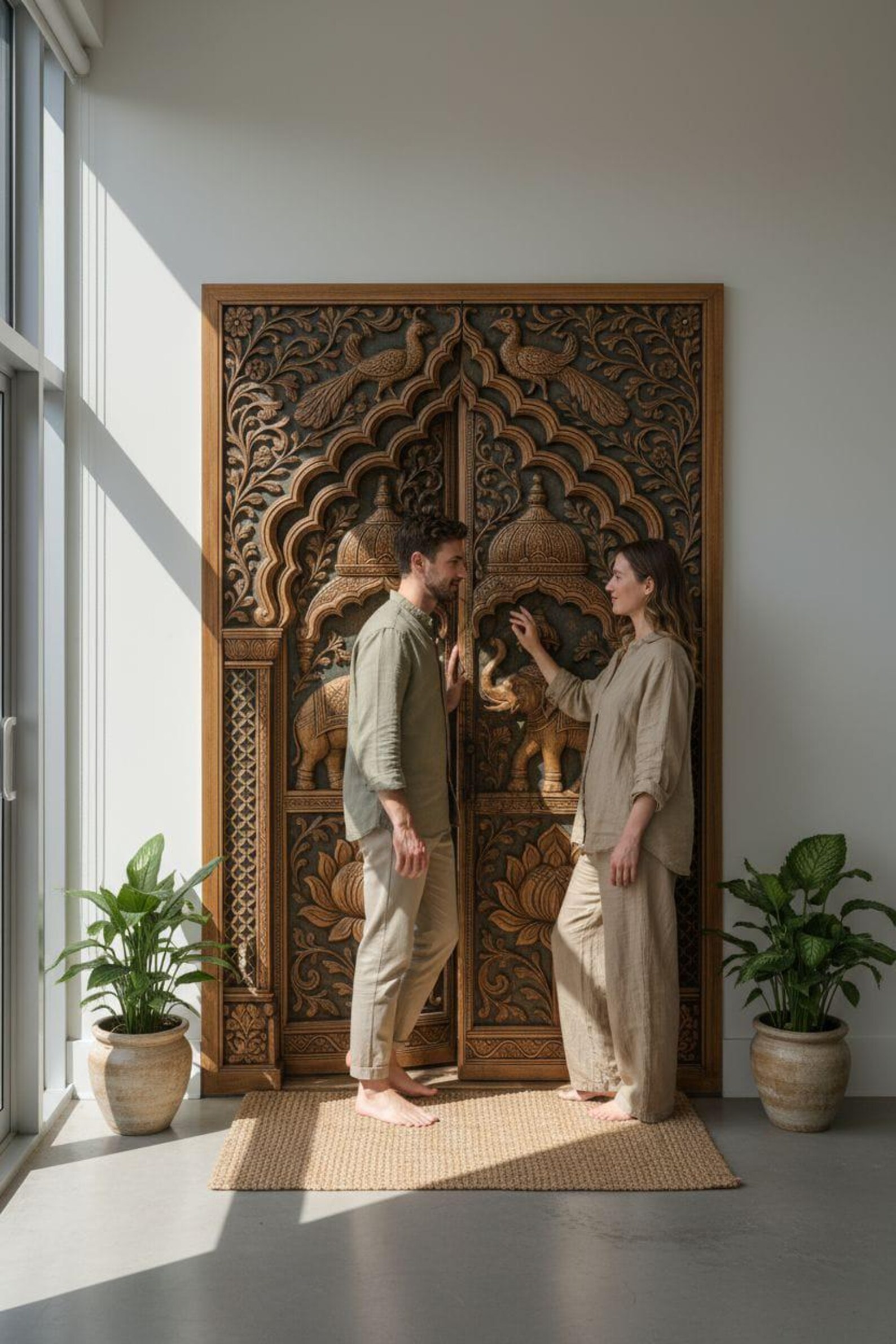 Free Tariff! Hand-carved Royal Double Door | Elephant, Peacock Lotus ...