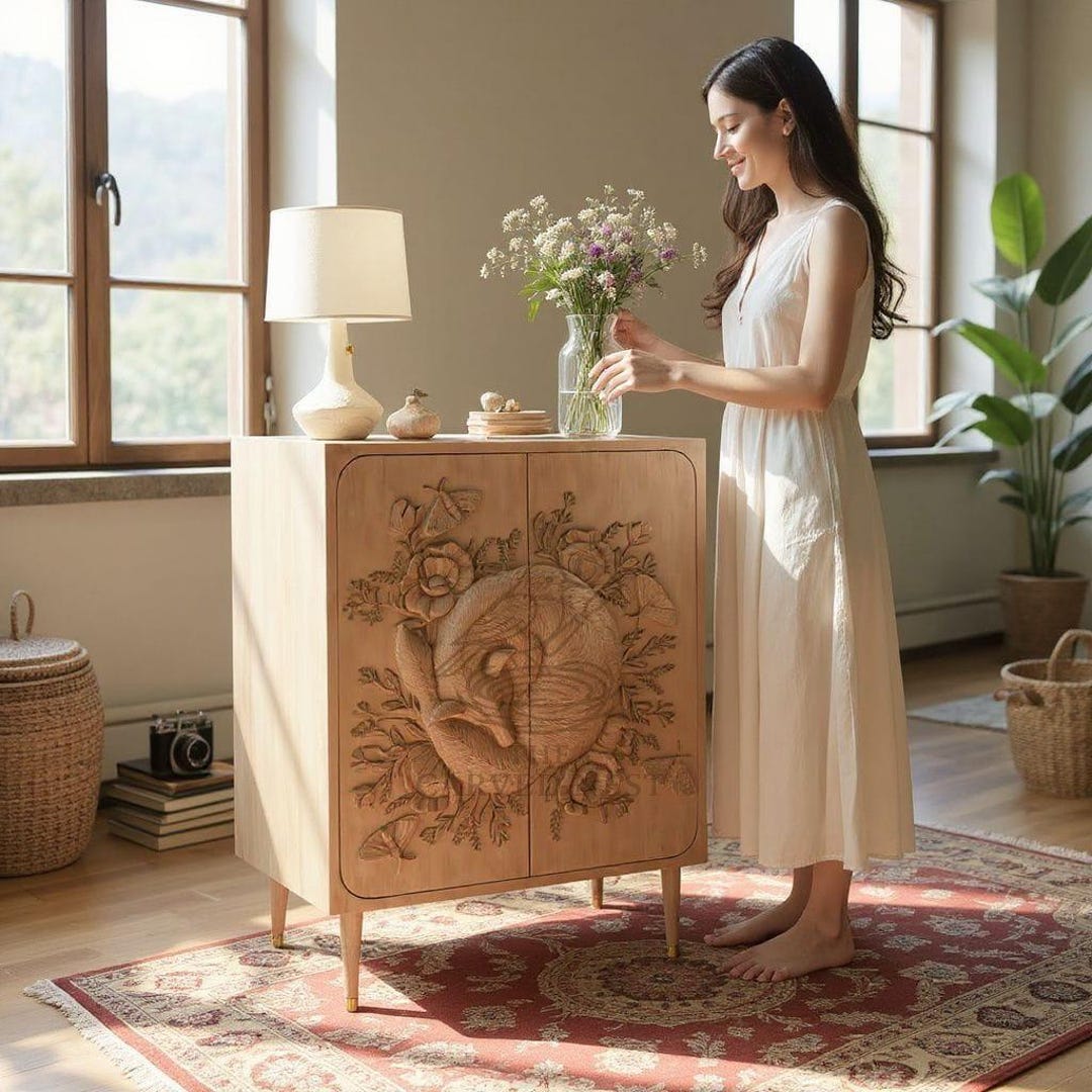 Handcrafted Wood Cabinet With Sleeping Fox and Floral Carving – Nature ...