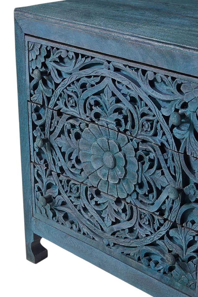 Hand-carved Wood Nightstand – Indigo Floral Bedside Table – 3 Drawer ...