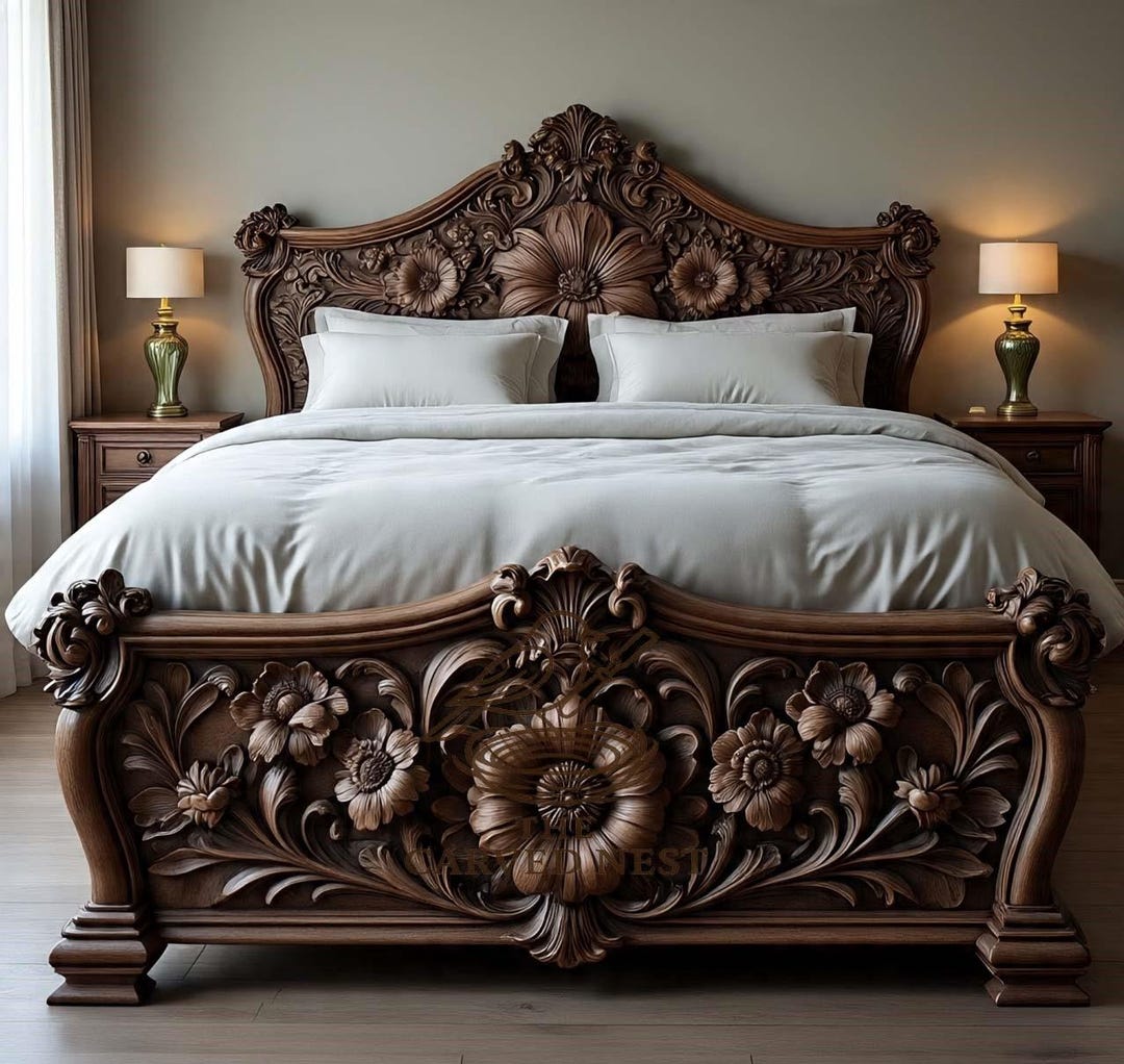 Hand-carved Ornate Wooden Bed Frame Deep Floral Headboard Footboard ...