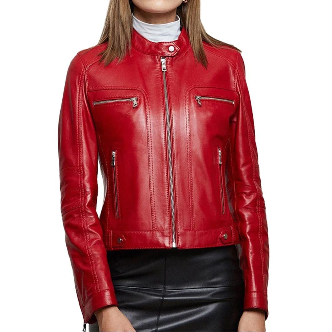 Women's Red Cropped Leather Jacket – Real Lambskin Slim Fit Moto Style ...