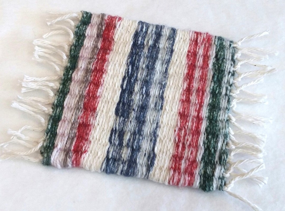 Hand Woven Mug Rug, Coaster, Multi Colors With Shades of Blue, Red ...