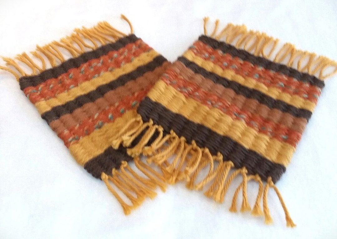 Hand Woven Mug Rug, Coaster, Fall Colors of Gold, Brown, Orange Multi ...