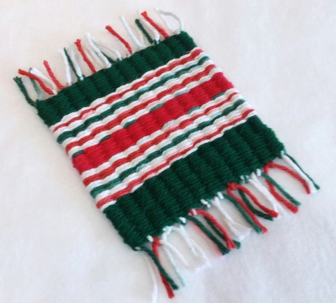 Hand Woven Mug Rug, Coaster, in Green, Red and Multi Christmas Colors ...