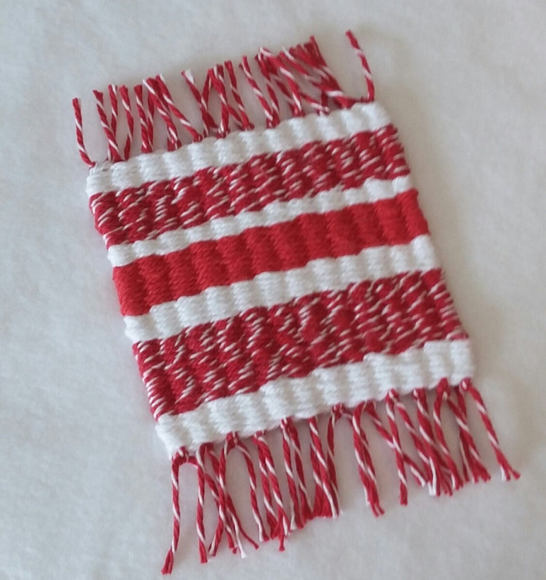 Hand Woven Mug Rug, Coaster, in Red & White Candy Cane Christmas Colors ...