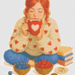 Red-haired Girl Cross Stitch Pattern, Drinking Tea (PDF) - Etsy
