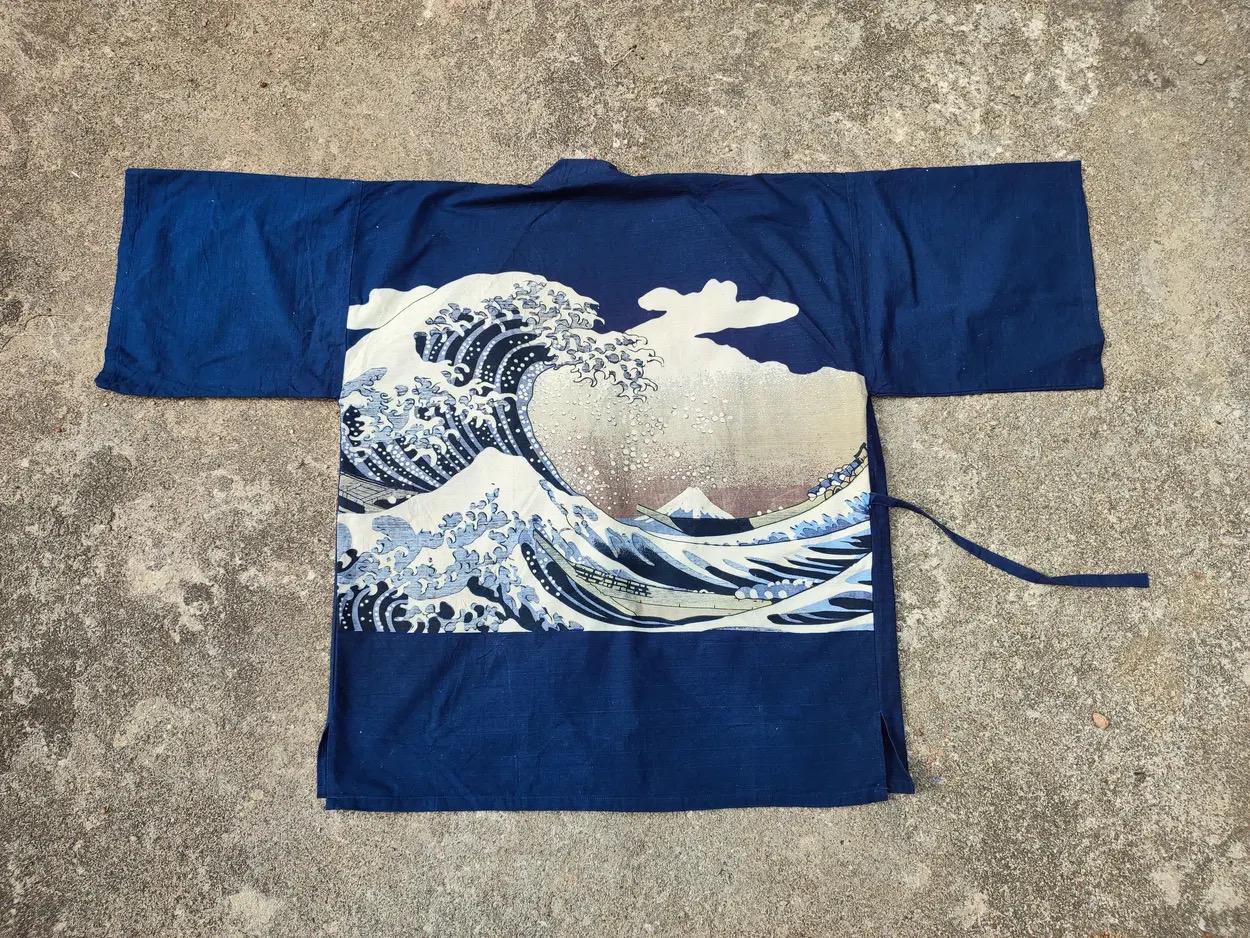 Vintage Japanese Noragi Jacket – Indigo Cotton With Hokusai Wave Print ...