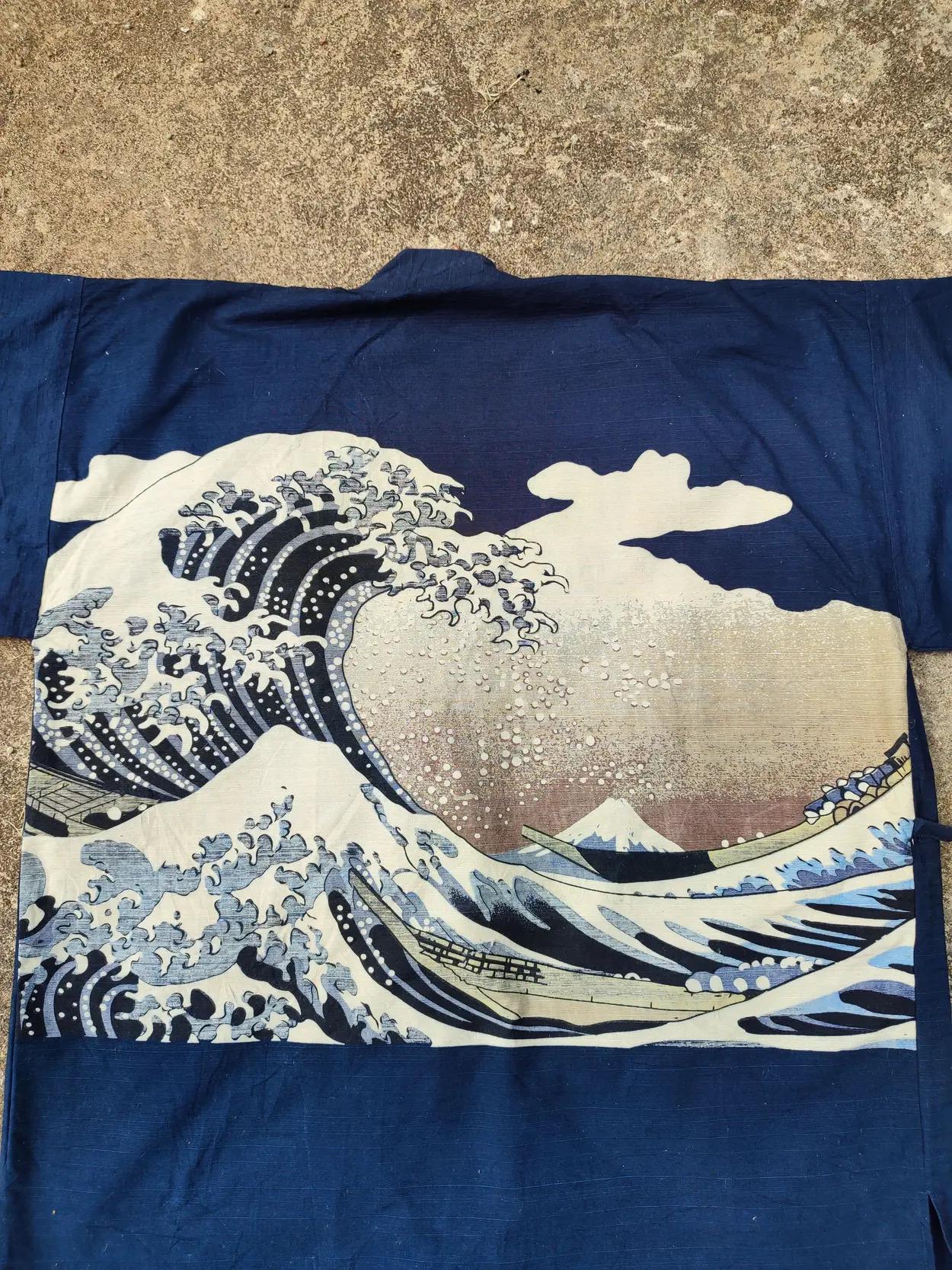 Vintage Japanese Noragi Jacket – Indigo Cotton With Hokusai Wave Print ...