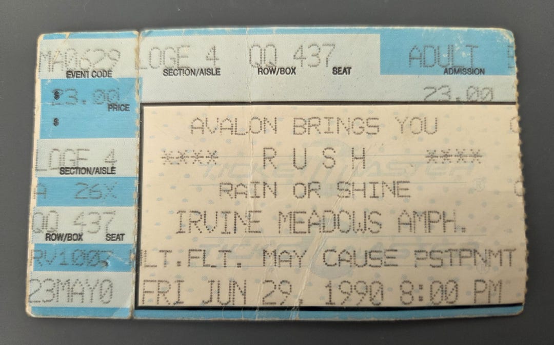 Rush Ticket Stub, 1990 Rush Ticket Stub, Irvine Meadows (RIP Irvine ...