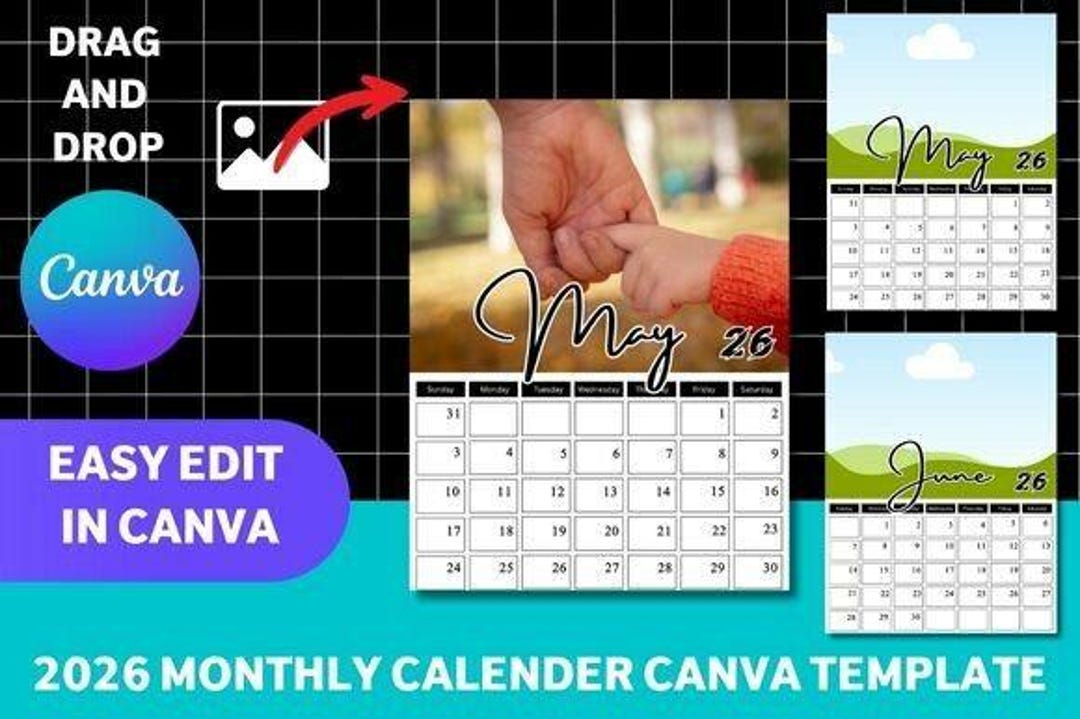 2026 Monthly Calendar Canva Template, Editable Photo Calendar, Drag and ...