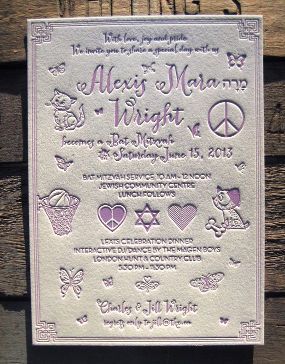 Custom Letterpress Bat Mitzvah Invitations Customize With | Etsy