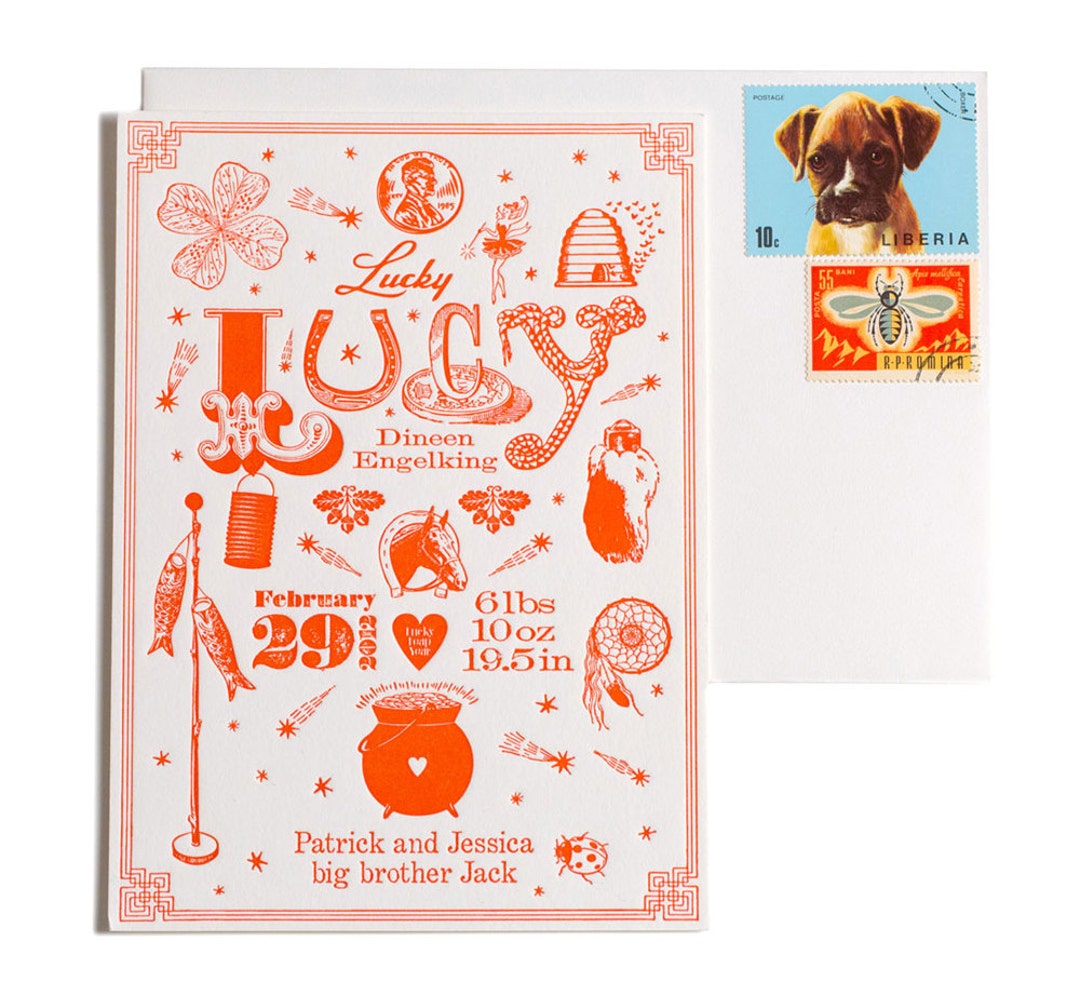 Lucky Lucy Custom Letterpress Birth Announcements - Etsy