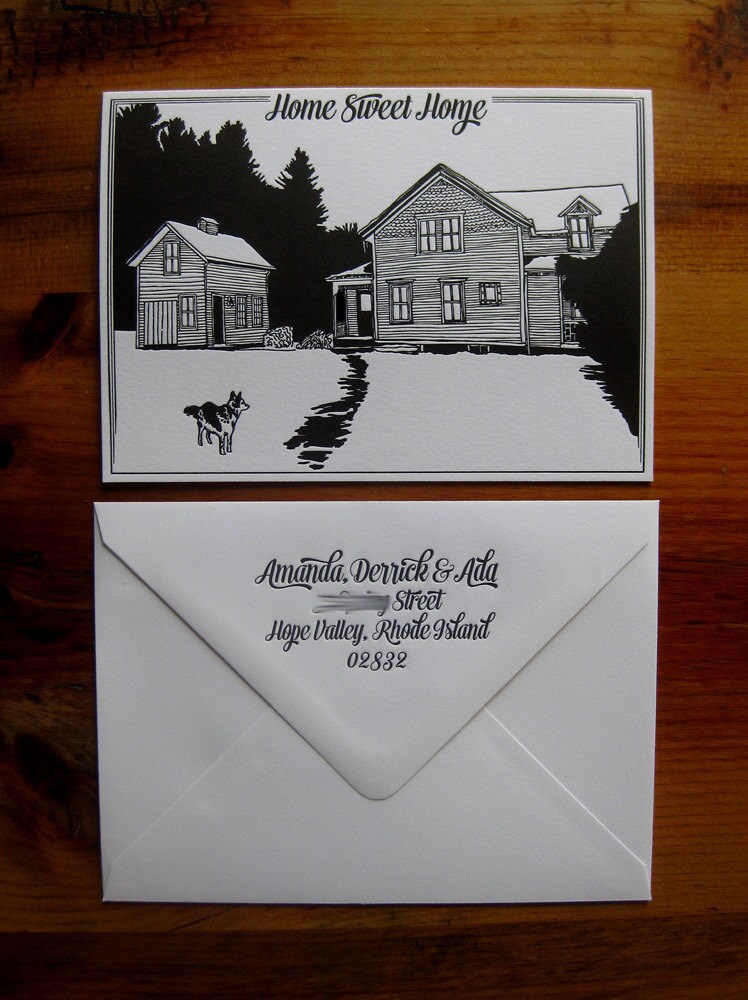 Custom Hand Drawn House Portrait Letterpress Moving Cards | Etsy
