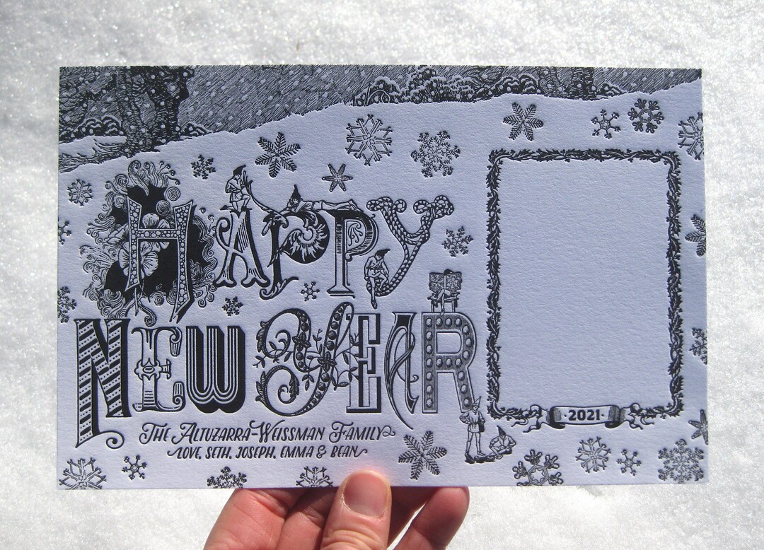 Snowy Elves Happy New Year Custom Letterpress Cards (with Spot for ...