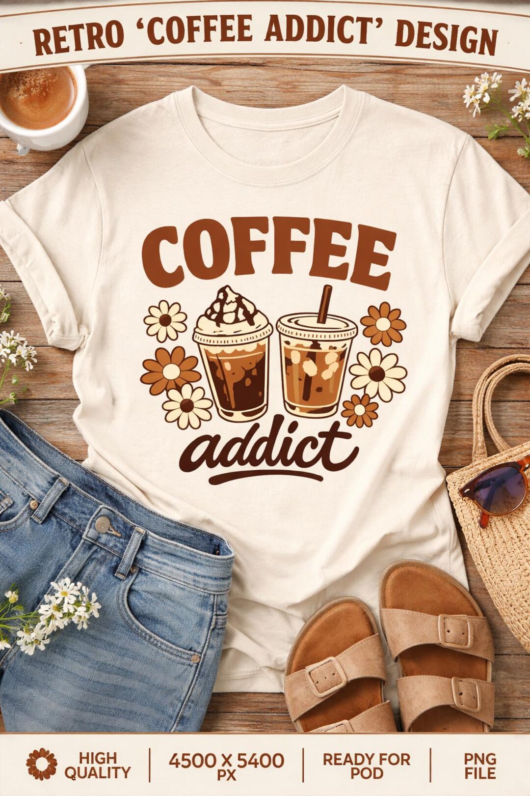 Trendy Coffee PNG, Flower Checker Leopard Iced Frappe Design, Brown ...