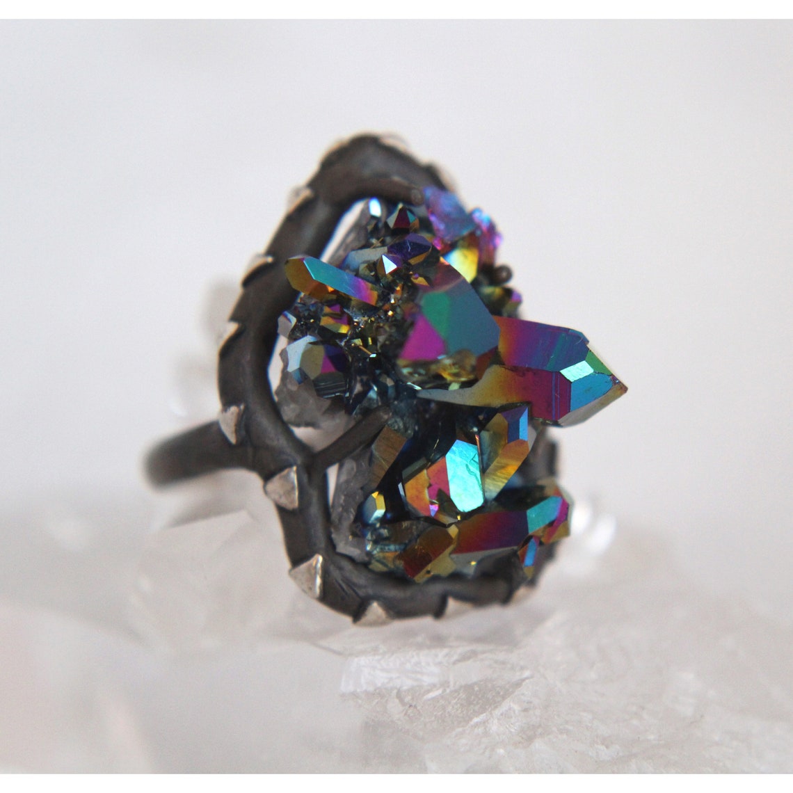 Titanium Aura Quartz Cluster Ring, Oxidized Sterling Silver Handmade ...
