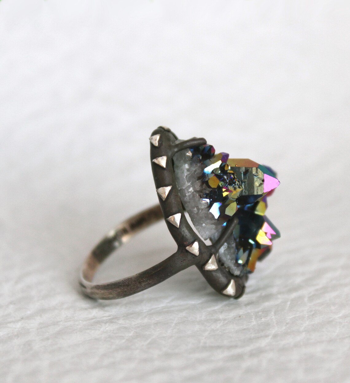 Titanium Aura Quartz Cluster Ring, Oxidized Sterling Silver Handmade ...