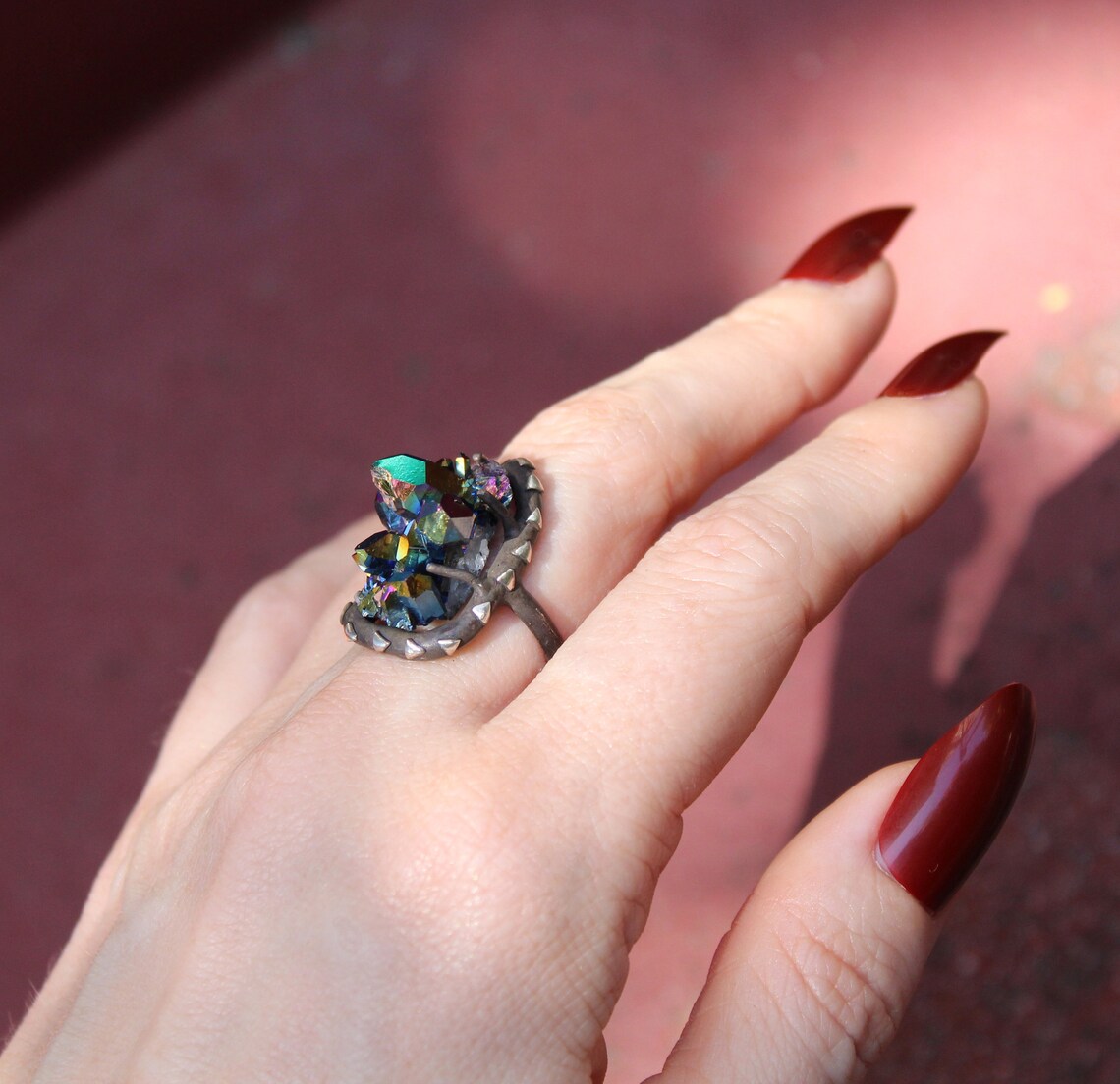 Titanium Aura Quartz Cluster Ring, Oxidized Sterling Silver Handmade ...
