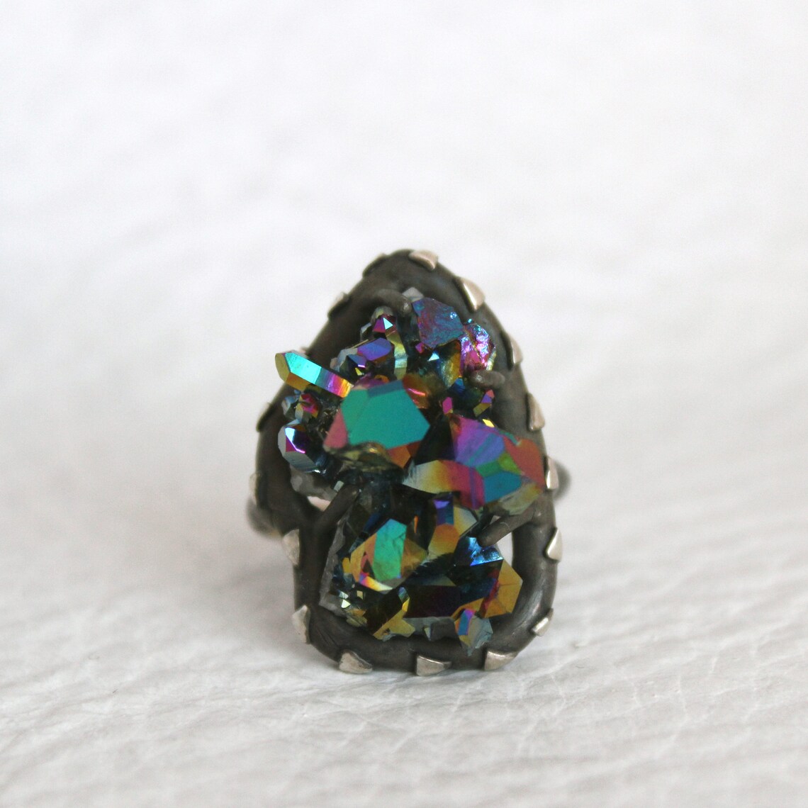 Titanium Aura Quartz Cluster Ring, Oxidized Sterling Silver Handmade ...