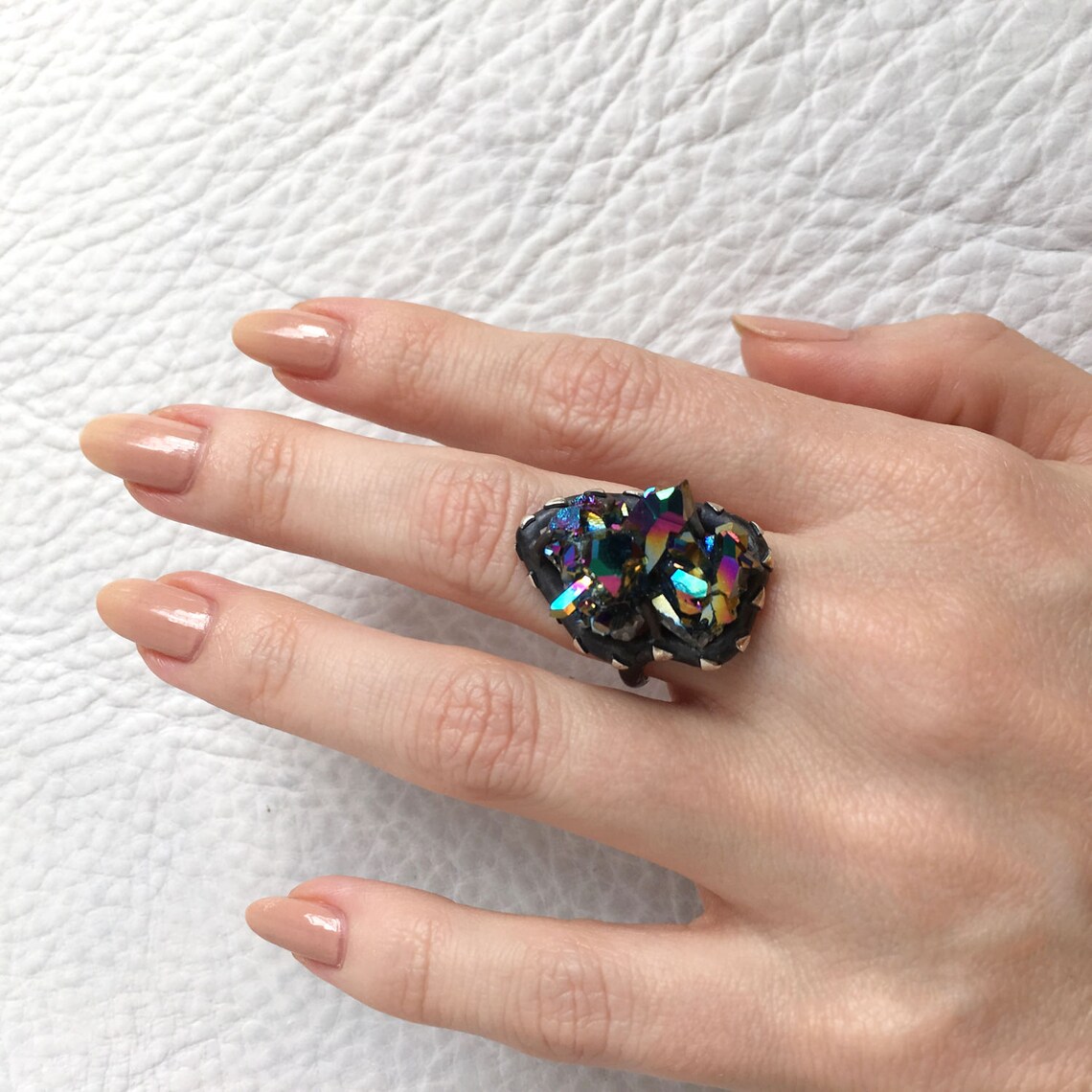 Titanium Aura Quartz Cluster Ring, Oxidized Sterling Silver Handmade ...