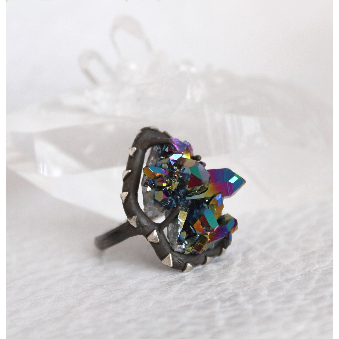 Titanium Aura Quartz Cluster Ring, Oxidized Sterling Silver Handmade ...