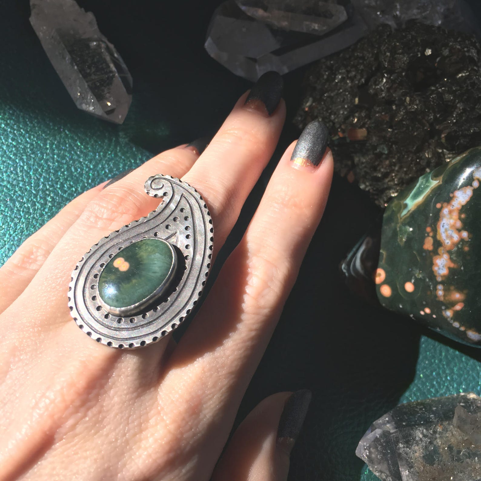 Ocean Jasper Paisley Ring Sterling Silver Natural Green Jasper With ...