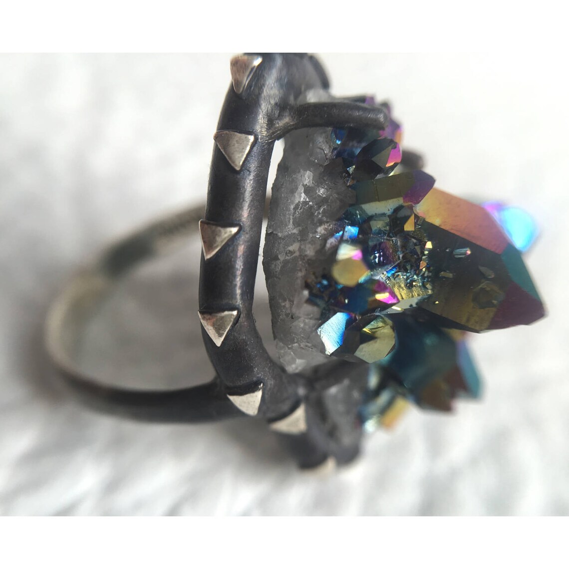 Titanium Aura Quartz Cluster Ring, Oxidized Sterling Silver Handmade ...