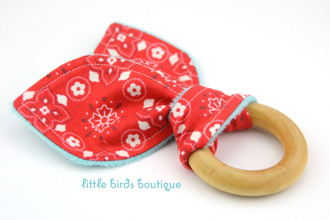 All Natural Wood Baby Teething Ring- Turquoise and Red Bandana - Great ...