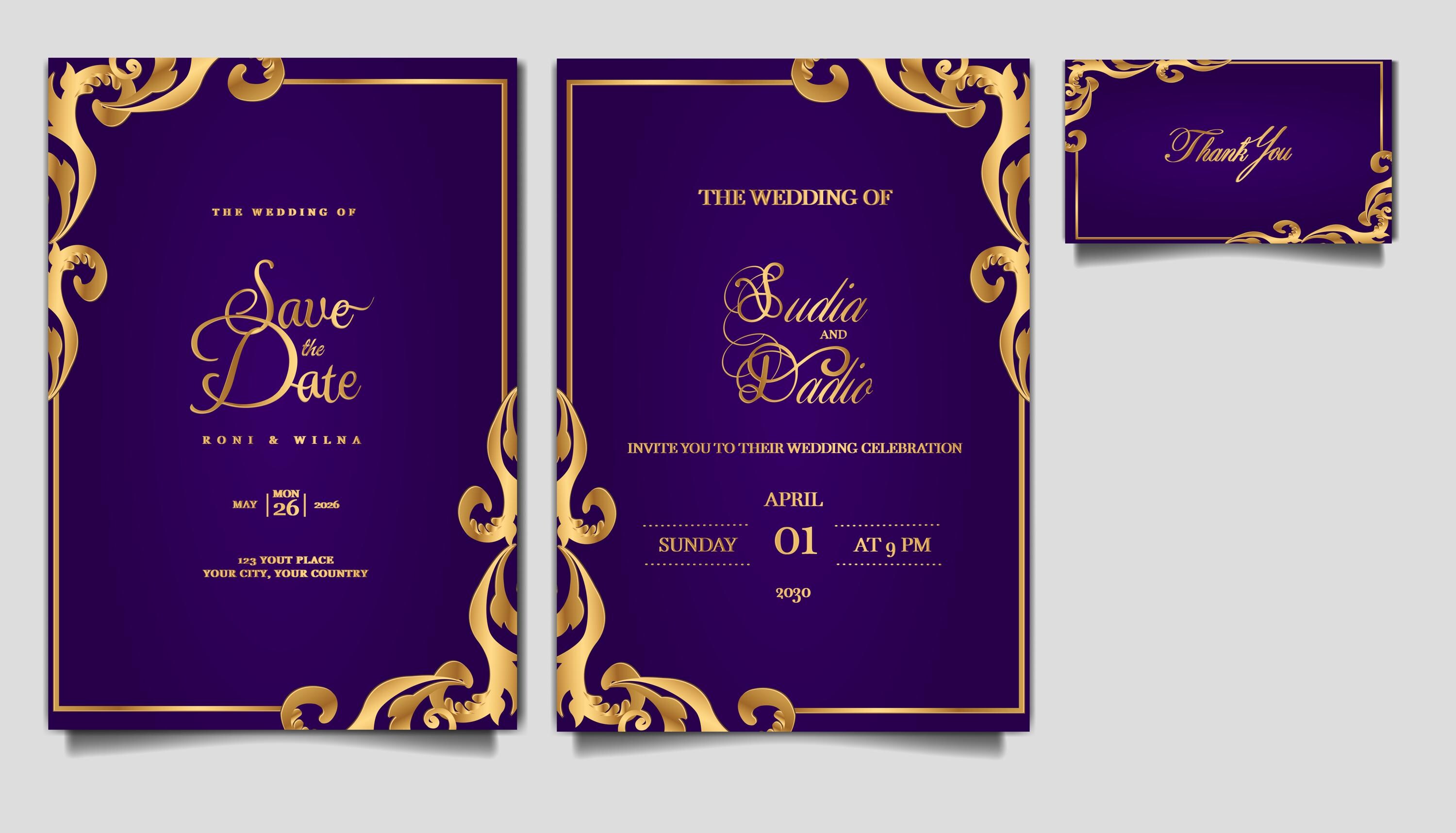Purple and Gold Royal Wedding Invitation Template, - Etsy