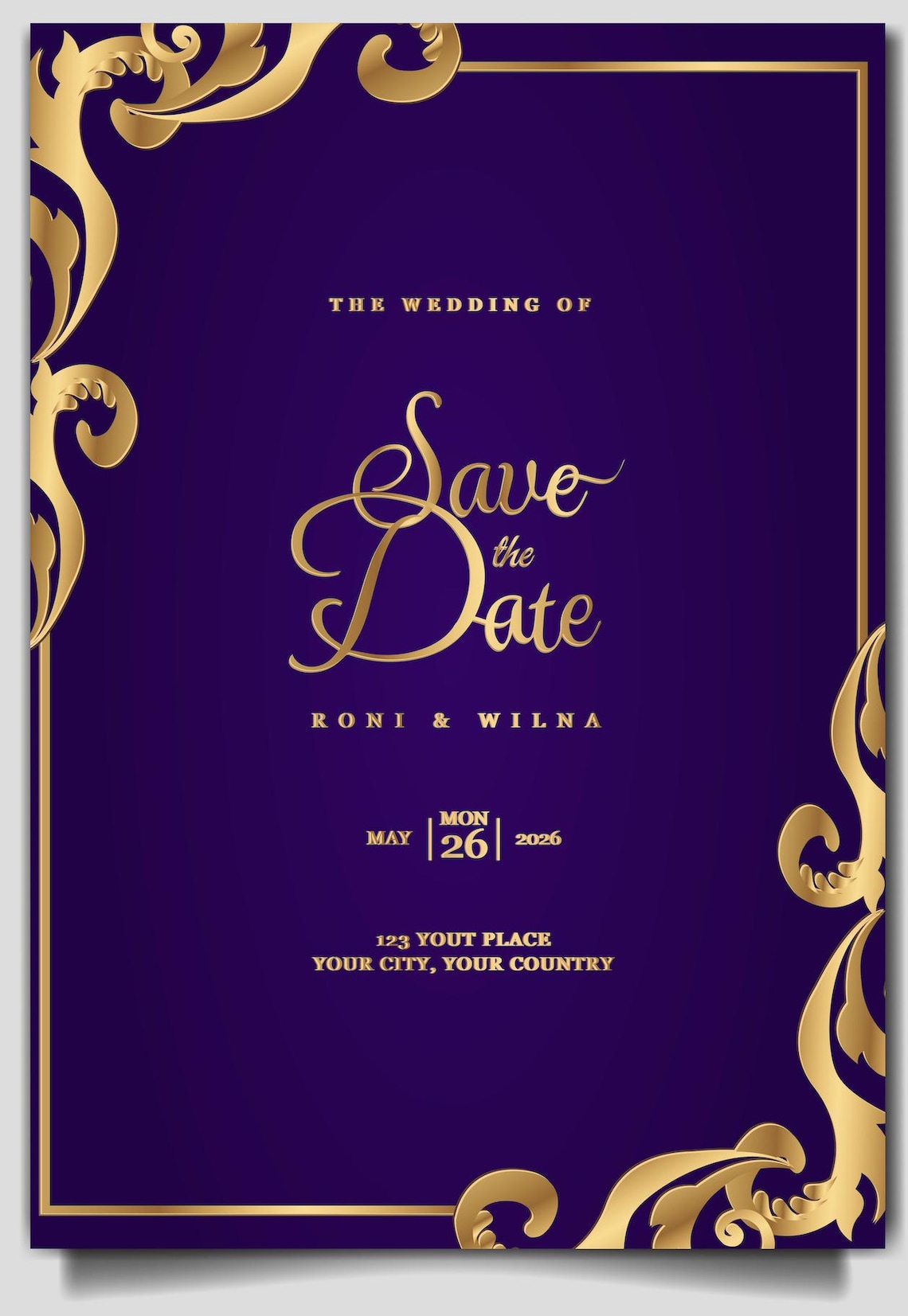 Purple and Gold Royal Wedding Invitation Template, - Etsy