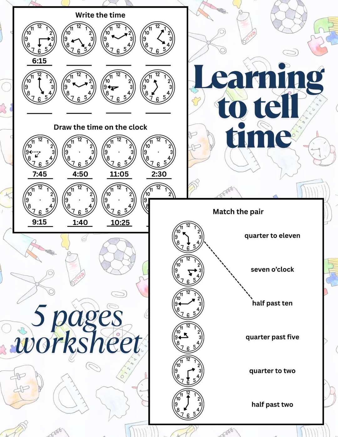Printable Learning to Tell Time Worksheet, Reading Time Clock Practice ...