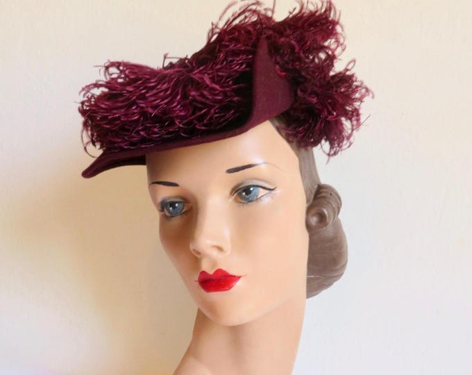 1940's Burgundy Felt Tilt Hat With Ostrich Plume Trim Head Holder WW2 ...