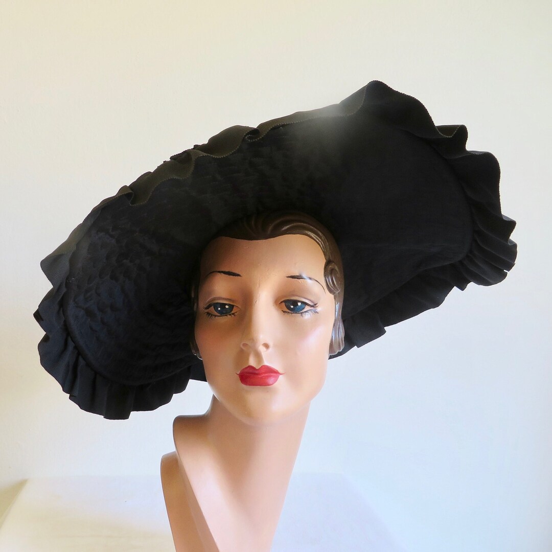 1950's Black Taffeta Quilted Wide Ruffle Brim Hat Bow Trim - Etsy