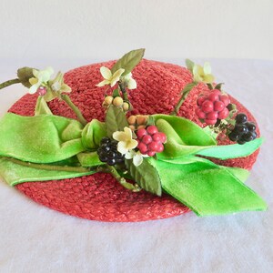 1950's Caspar Davis Red Straw Small Brim Hat Rasberries Blackberries ...